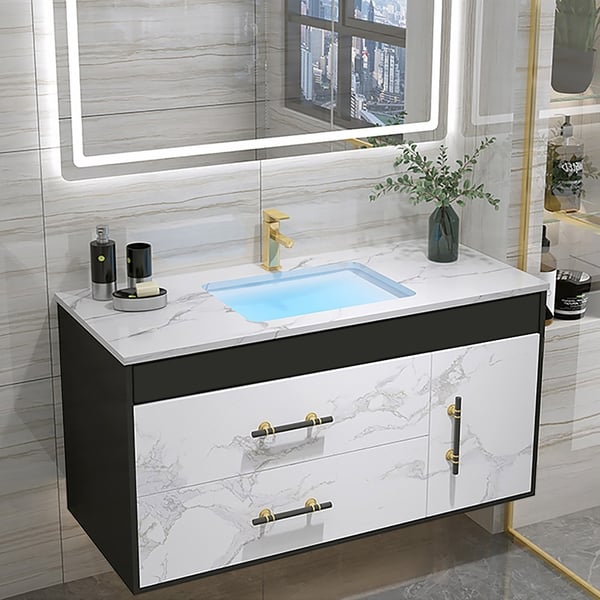 900mm Floating Bathroom Vanity White Faux Marble Top & Basin with 2 ...