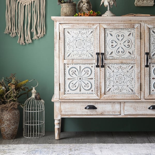 Distrate 59" French Country Distressed White Sideboard Buffet with 3 ...