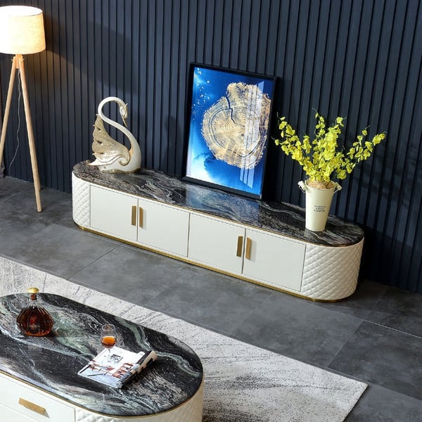 78" Contemporary Oval TV Stand Faux Marble Top Media Console with ...