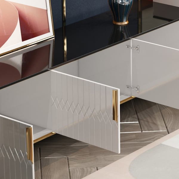 75" White TV Stand with 3 Doors Tempered Glass Top Media Console for ...