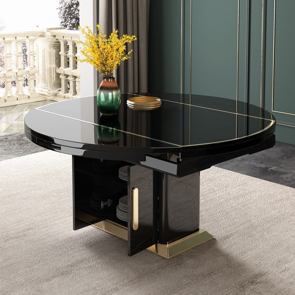 Round Black Extendable Dining Table with Storage Base Wood And ...