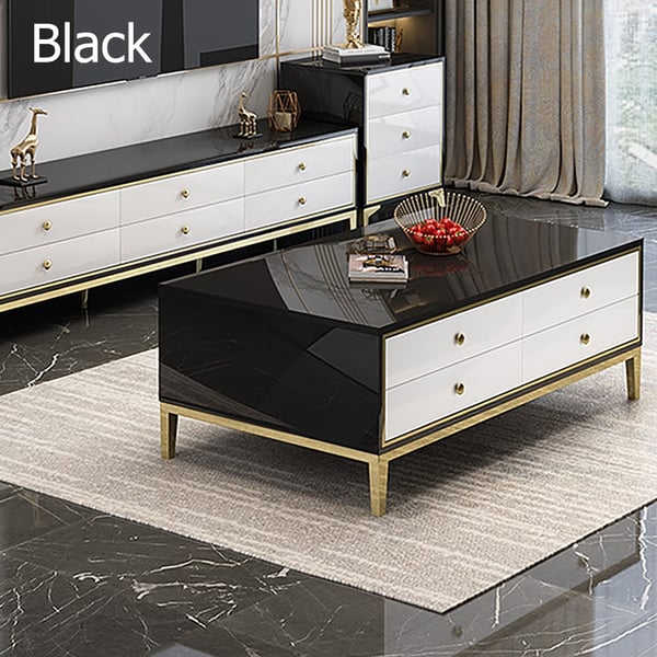 White Rectangular Coffee Table with Drawers Stainless Steel Legs-Homary
