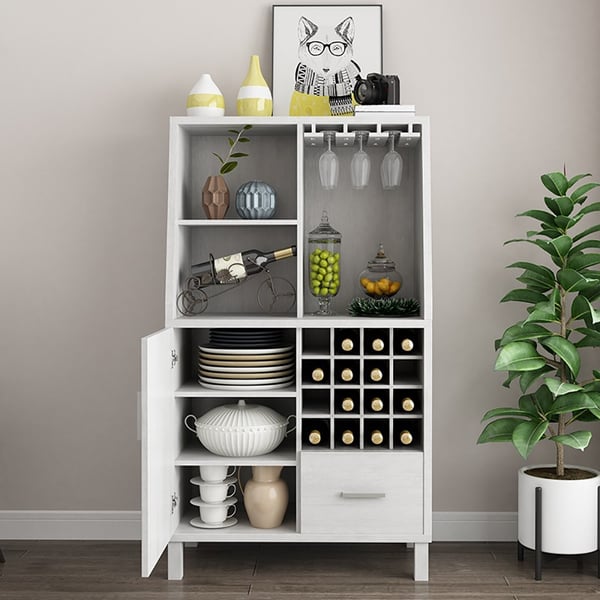 Contemporary Standing Wine Rack Glass Rack with Door & Drawer in White ...
