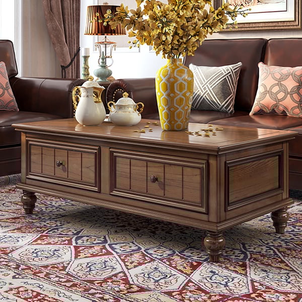 Rustic Rectangular Coffee Table with Drawers Solid Wood Frame | Homary