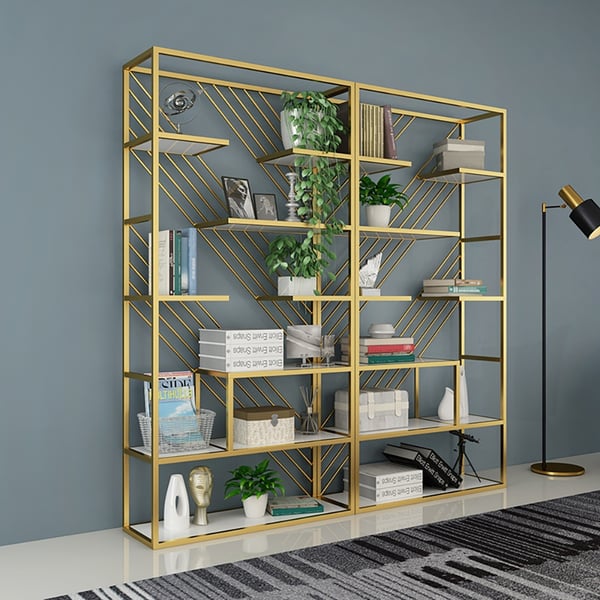 1800mm Contemporary Etagere Bookshelf in Gold & White | Homary UK