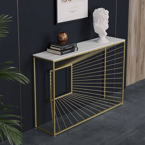 Modern White Narrow Console Table with Sintered Stone Top & Metal Frame ...