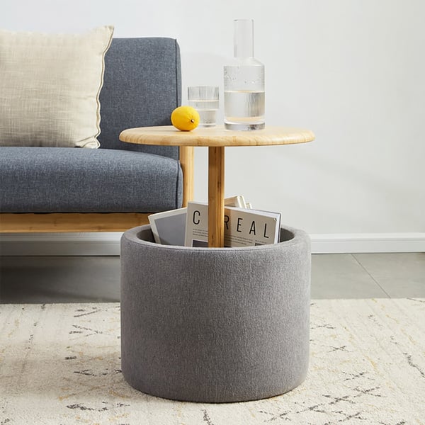 Modern Round End Table with Storage Bamboo Top Side Table | Homary UK