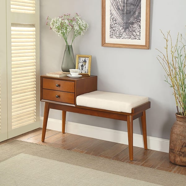 Retro Walnut Bench Upholstered Cotton & Linen Entryway Bench with 2 ...