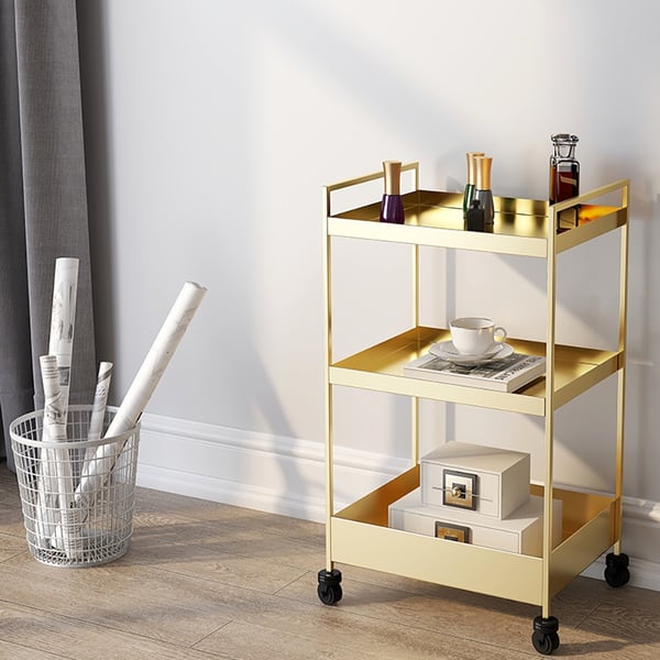 3-Tiered Tray Gold Rolling Storage Cart with Wheels & Handles Metal ...