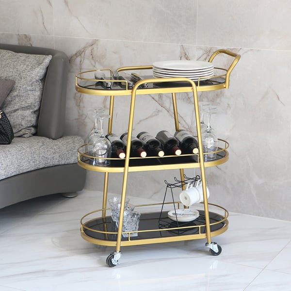 Modern 3-Tier Gold Bar Cart Storage with Casters in Metal-Homary