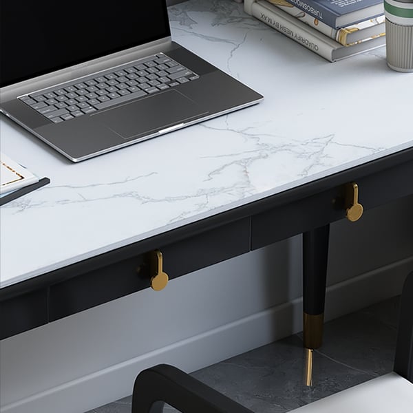 Modern Computer Desk with Drawers White Sintered Stone Top Wood Legs ...