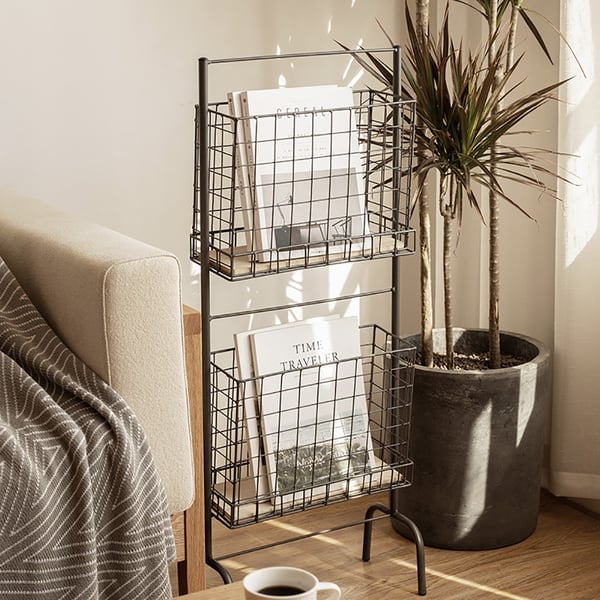 Rustic Standing Magazine Rack in Black | Homary