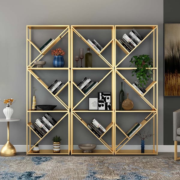 70" Modern Geometric Bookshelf in Gold | Homary