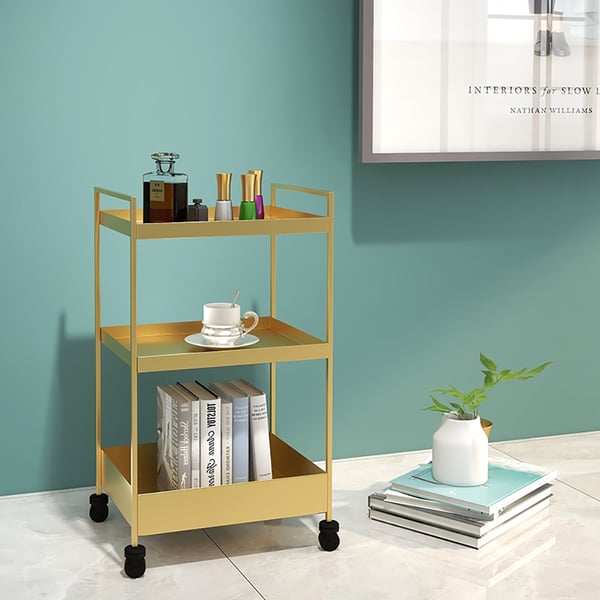 3-Tiered Tray Gold Rolling Storage Cart with Wheels & Handles Metal ...