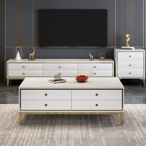 White Rectangular Coffee Table with Drawers Stainless Steel Legs-Homary