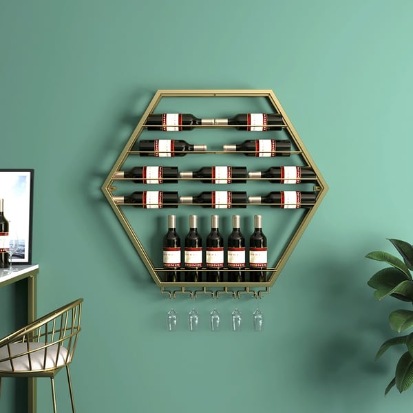 Gold Modern Hexagonal Wall Mounted Wine Rack Cup Holder | Homary AU