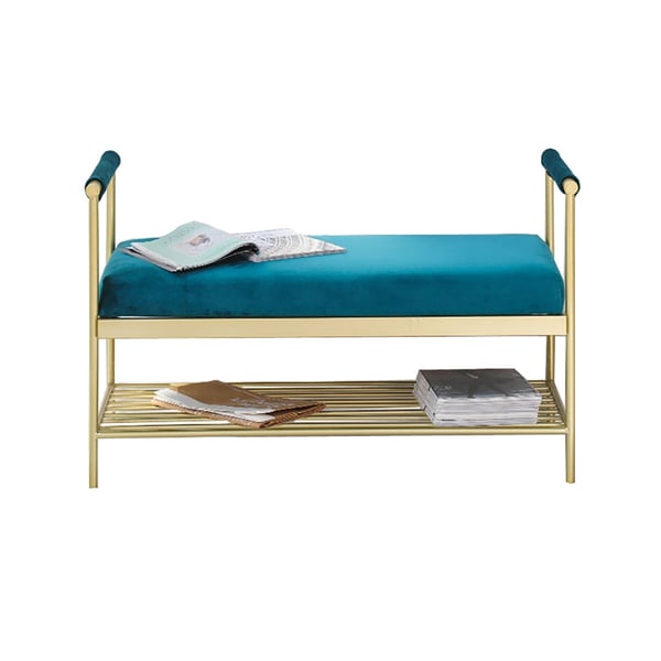 Bench Blue Retro Velvet Upholstered Bench Storage Gold Finish Bench ...