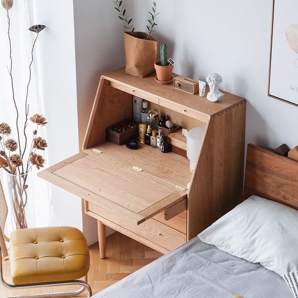 Nordic Minimalist Secretaire Cabinet with Flip-Open Door & 5 Drawers ...