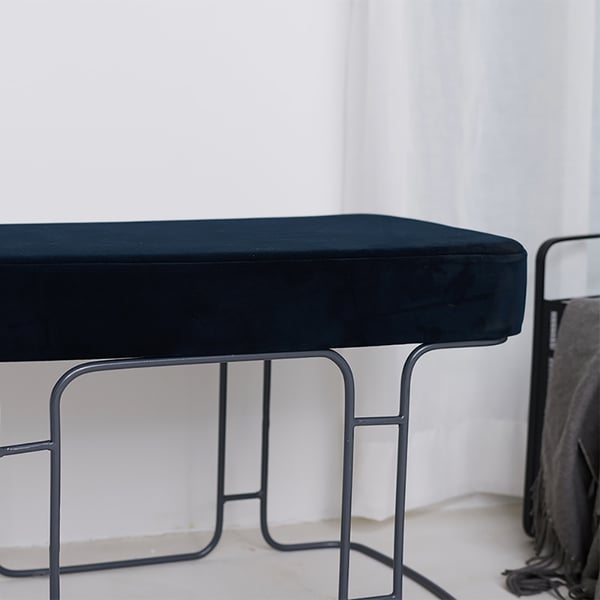 Retro Blue Ottoman Velvet Upholstered Ottoman Stool in Black Base-Homary