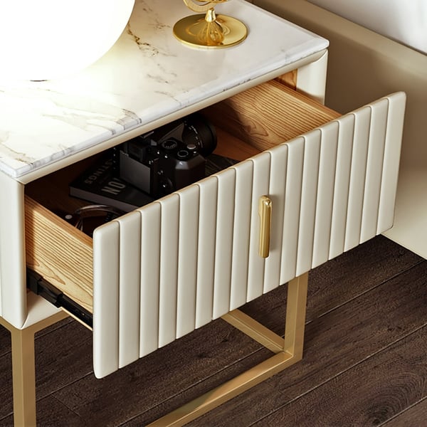 Off White Nightstand Faux Marble Top PU Upholstery 1-Drawer Bedside ...