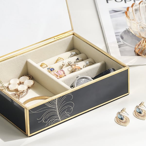 Nordic Luxury Glass Jewelry Box Desk Organiser in Black&Gold-Homary