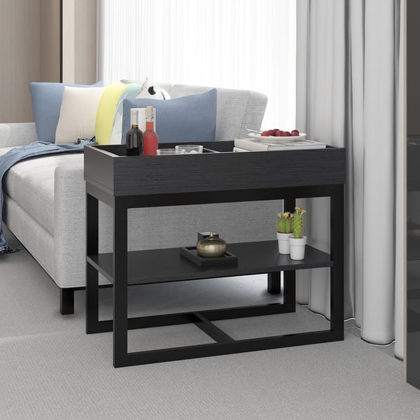 Modern Black End Table with Shelf & Storage Wooden Side Table Metal ...