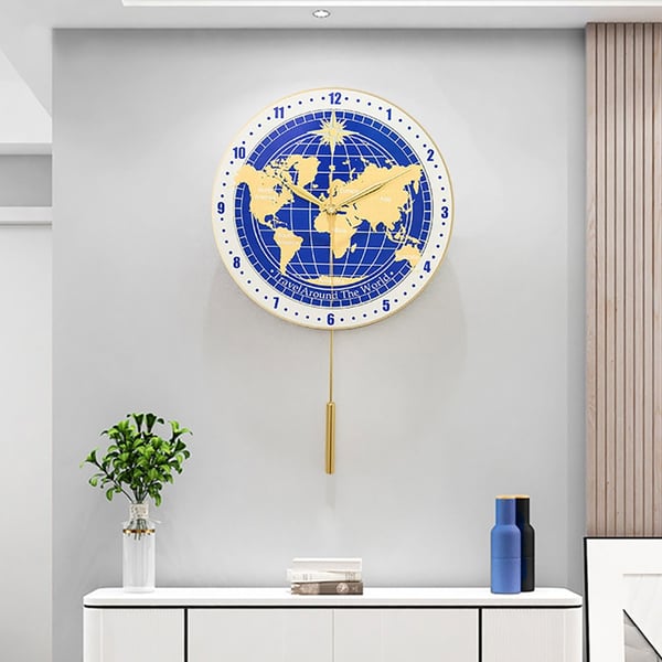 Gold & Blue Luxury World Map Metal Golden Pendulum Wall Clock-Homary