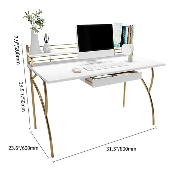 Modern White Desk with Drawer & Shelf in Solid Wood & Metal-Homary