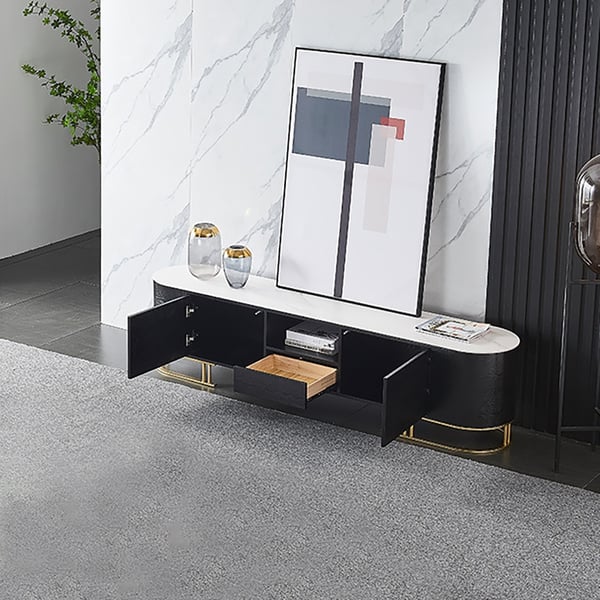 Oval TV Stand Sintered Stone Top Minimalist Media Console with Storage ...