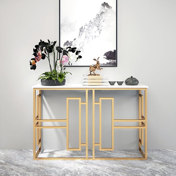 Modern White Console Table in Solid Wood Top & Metal Frame | Homary