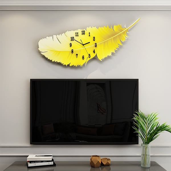 Modern 3D Yellow Feather Hollow-out Arabic Digital Acrylic Wall Clock ...