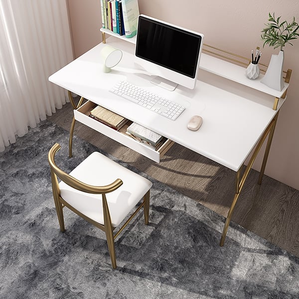 Modern White Desk with Drawer & Shelf in Solid Wood & Metal-Homary