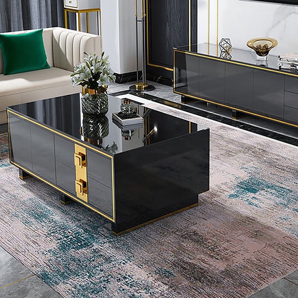 Dewion Modern Black Tempered Glass Coffee Table with Storage | Homary