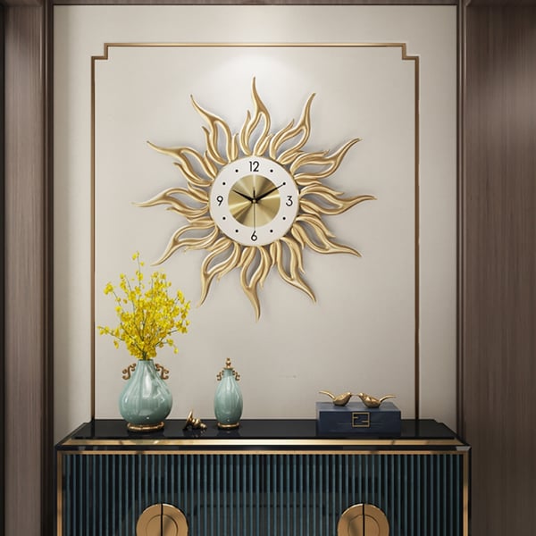 20.5" Golden Flame-Shaped Creative Luxury Large Metal Sun Wall Clock ...