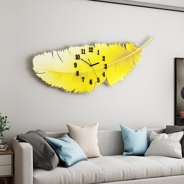 Modern 3D Yellow Feather Hollow-out Arabic Digital Acrylic Wall Clock ...