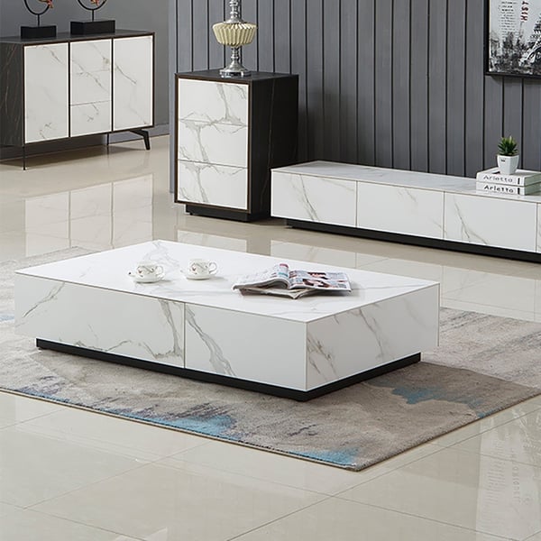 Modern Rectangular White Coffee Table Sintered Stone & Wood Drawers ...