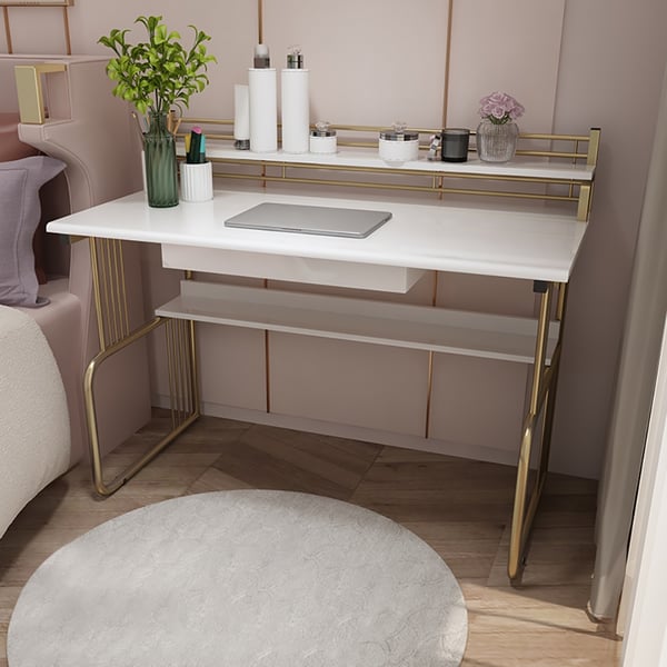 White Modern Small Desk with Drawer & Shelves Wood Top & Metal Frame-Homary