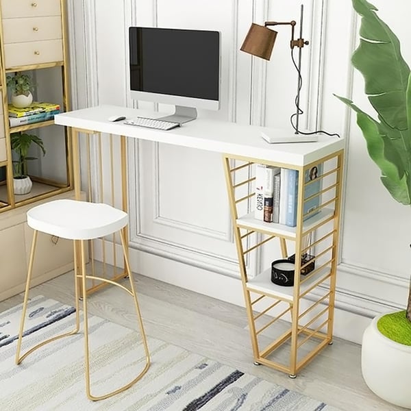 Modern Desk with Storage Wood Top & Gold Metal Frame | Homary UK