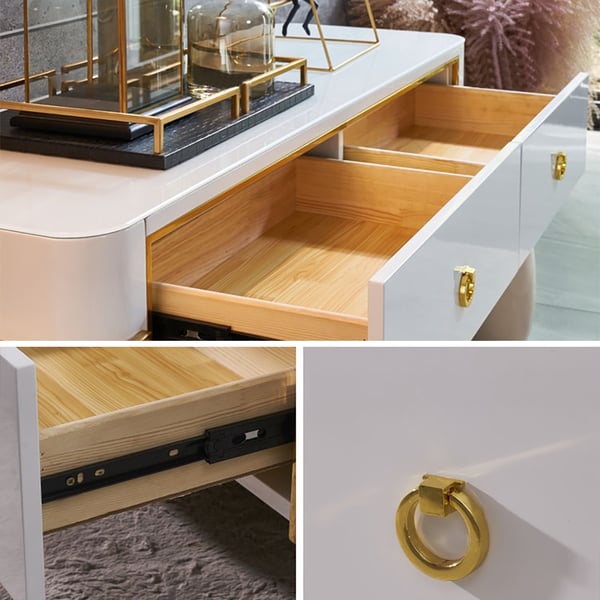 White Modern Sideboard Tempered Glass Top Buffet with Storage Gold ...