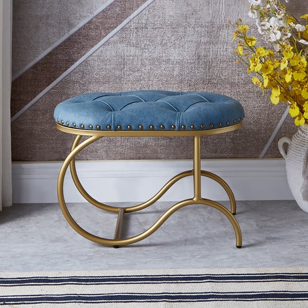 Blue Round Ottoman Tufted Upholstered Leath-aire Ottoman Stool Gold ...