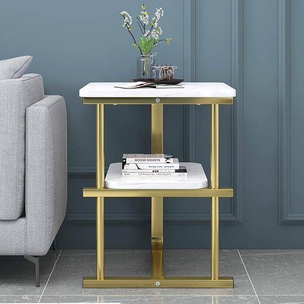 Modern White End Table 2-Tiered with Shelves Square Side Table Metal ...
