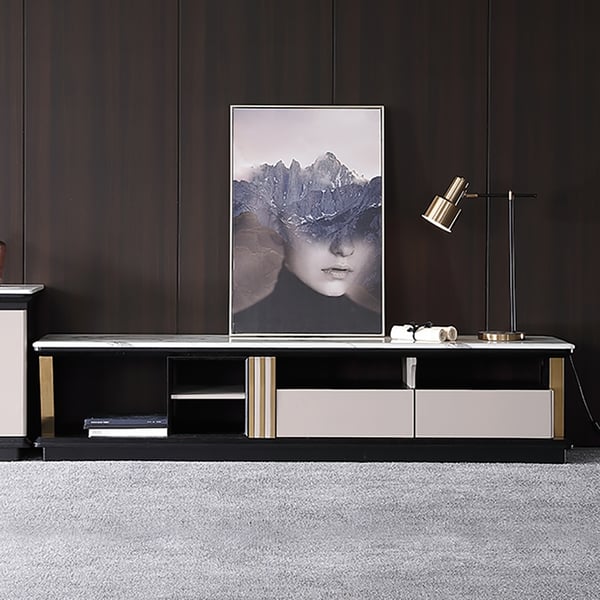 Italian TV Stand Faux Marble Top Media Console with 2 Drawers & 1 Shelf ...