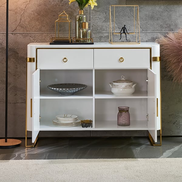 White Modern Sideboard Tempered Glass Top Buffet with Storage Gold ...