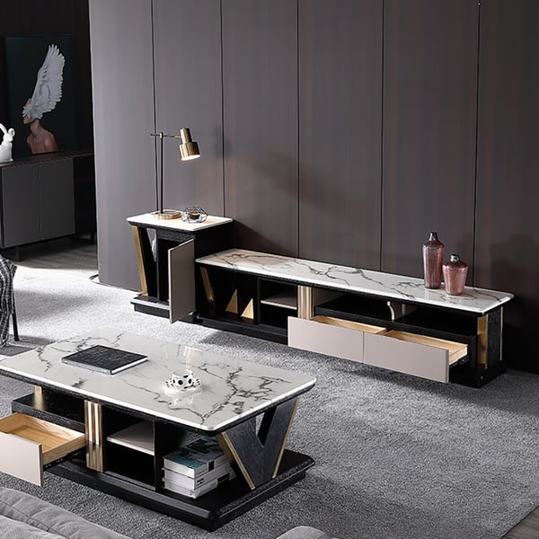 Italian TV Stand Faux Marble Top Media Console with 2 Drawers & 1 Shelf ...