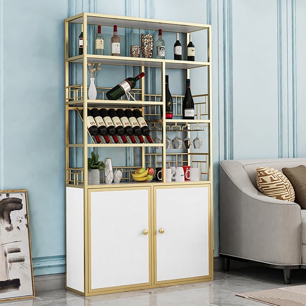 White Gold Metal Wine Rack Glass Rack With Door | Homary UK