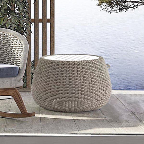 600mm Outdoor End Table Rattan Barrel Table with Round Glass Tabletop ...