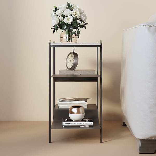 Modern Side table Gray Sintered Stone Top & Black Metal Frame 3-Tiers ...