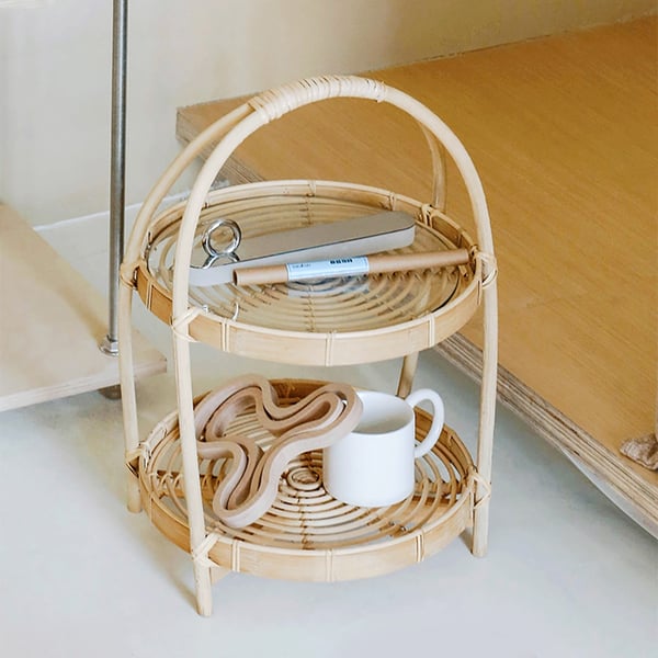 Glass & Rattan 2-Tier Round Desktop Organizer Storage Shelves with ...