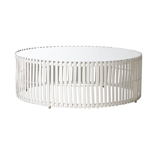 Round Coffee Table Glass-Top White Rattan Base | Homary