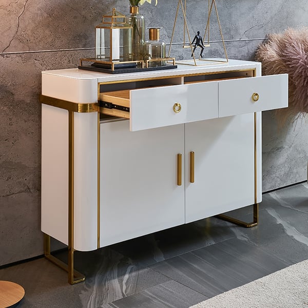 White Modern Sideboard Tempered Glass Top Buffet with Storage Gold ...